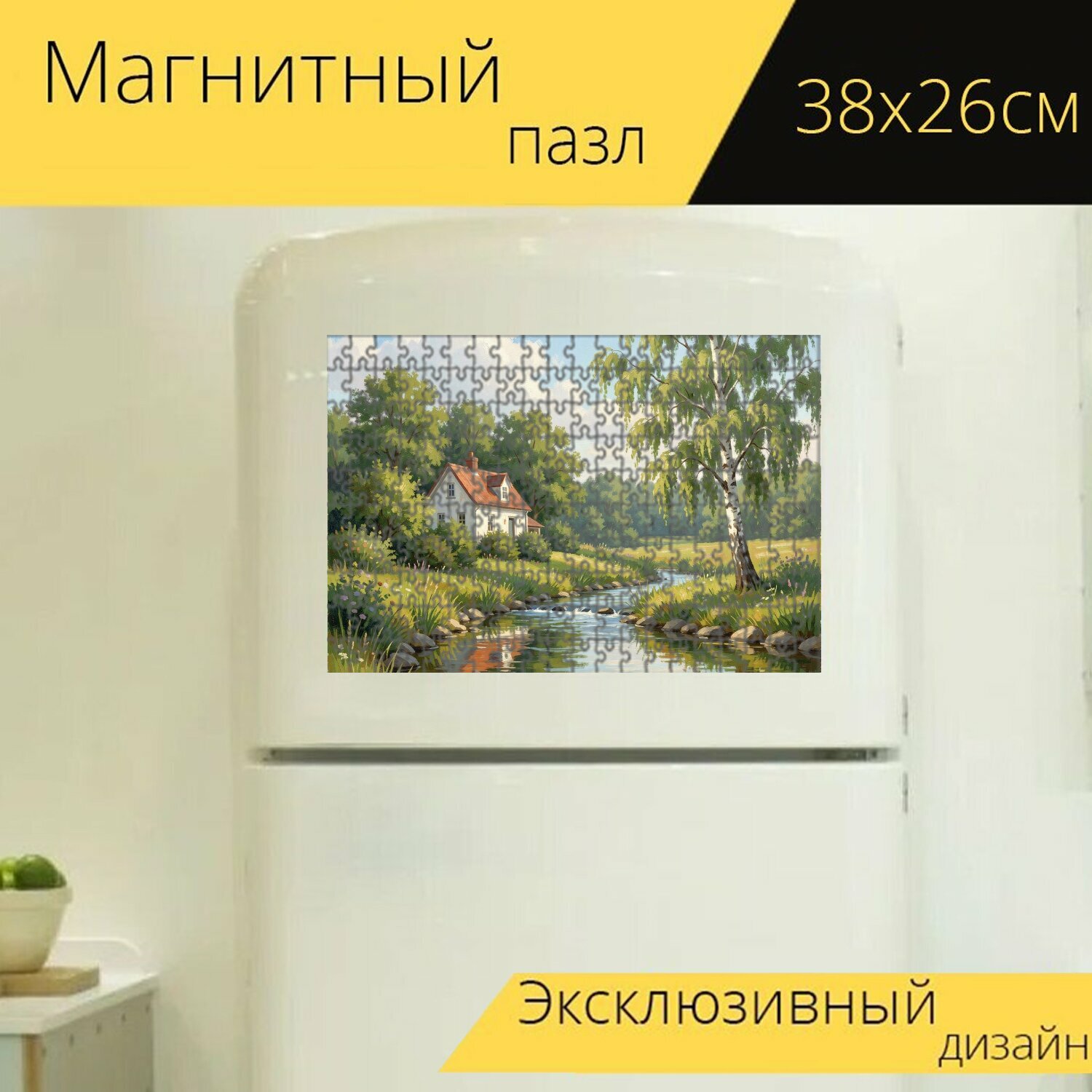 Магнитный пазл "Деревенский дом у ручья. Уютный сельский пейзаж в живописной манере: белый коттедж с красной крышей, береза, извилистая речка, цветущий луг." для интерьера, 38х26 см.