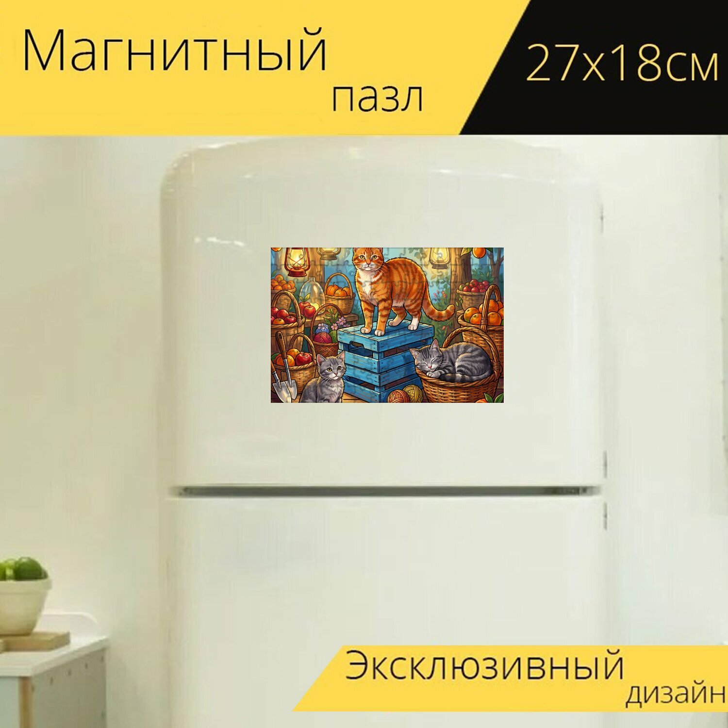 Магнитный пазл "Три кота в фруктовом саду. Рыжий полосатый питомец и два серых котенка среди корзин с апельсинами, яблоками и тыквами, под светом." на холодильник 27 x 18 см.
