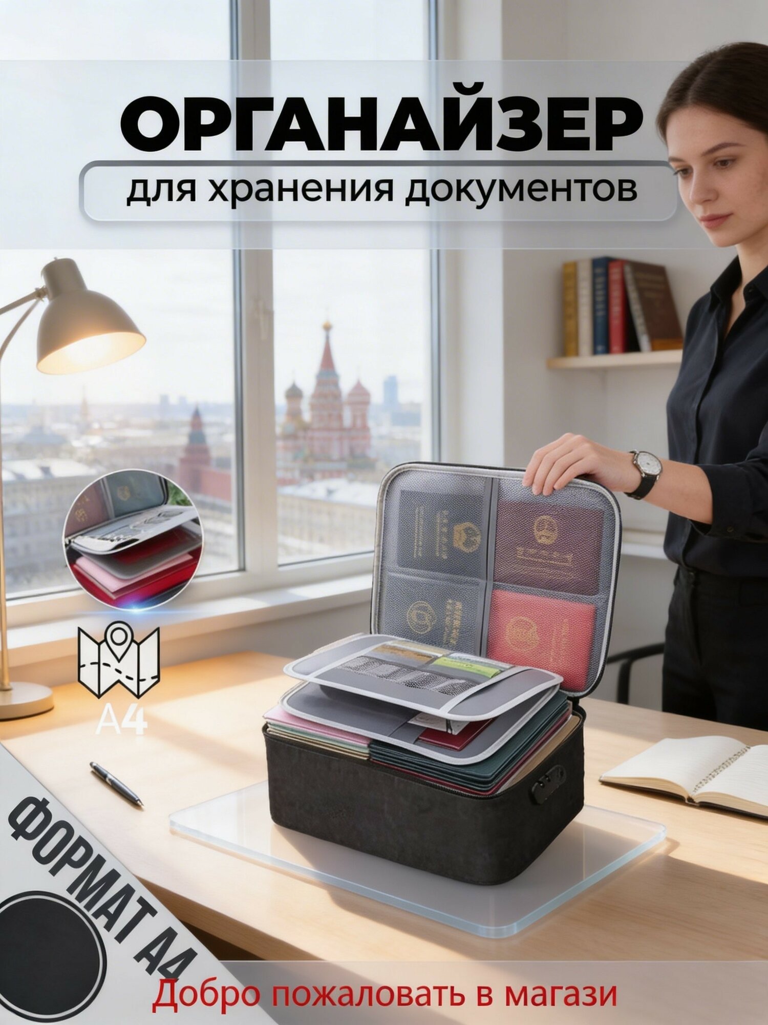 Черный органайзер для документов A4 BERTA, с кодовым замком и молнией, 5 слоев для хранения и переноски как сумки или папки