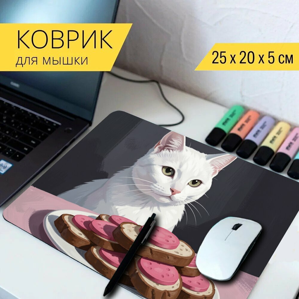 Коврик для мыши с принтом "Белый кот с угощением. Белоснежный кот с выразительными зелёными глазами сидит у стола с тарелкой выпечки. Иллюстрация в мягких пастельных тонах." 25x20см.
