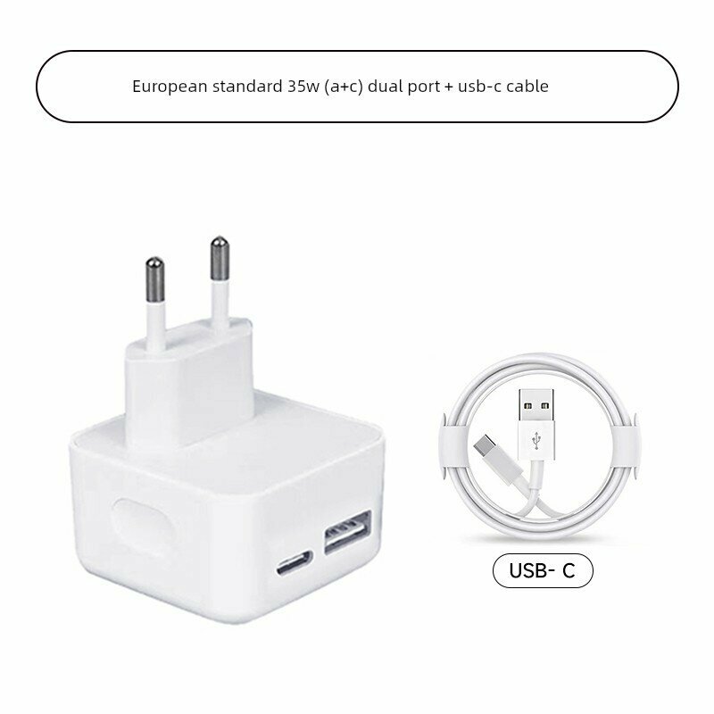 Европейский 35W двухпортовый зарядный адаптер с кабелем Type-C и USB-C, совместимый с iPhone 15/16