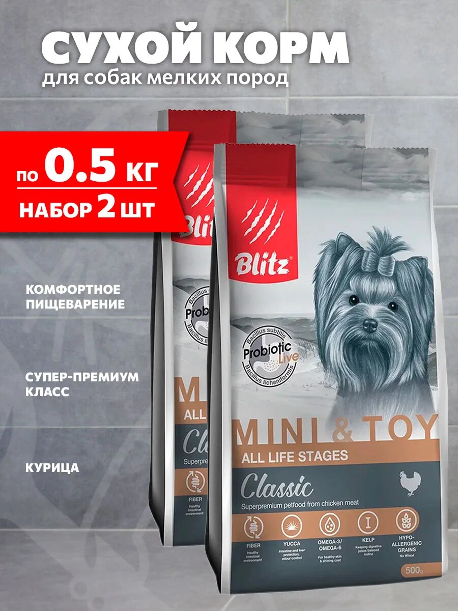 Корм сухой Blitz Classic Adult Mini & Toy Breeds Chicken для взрослых собак мелких пород, 500 г 2 шт