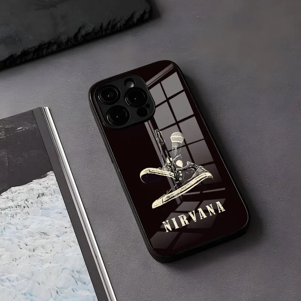 Чехол для телефона N-Nirvana Rock Band для iPhone 17 Air 16 E Pro Max 15 14 13 Mini 12 Pro 11 Max Plus, черный, стеклянный