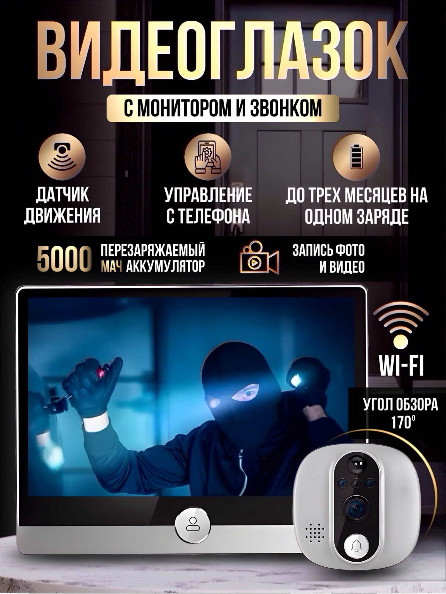 Видеоглазок для входной двери WI-FI, со звонком и двусторонней связью