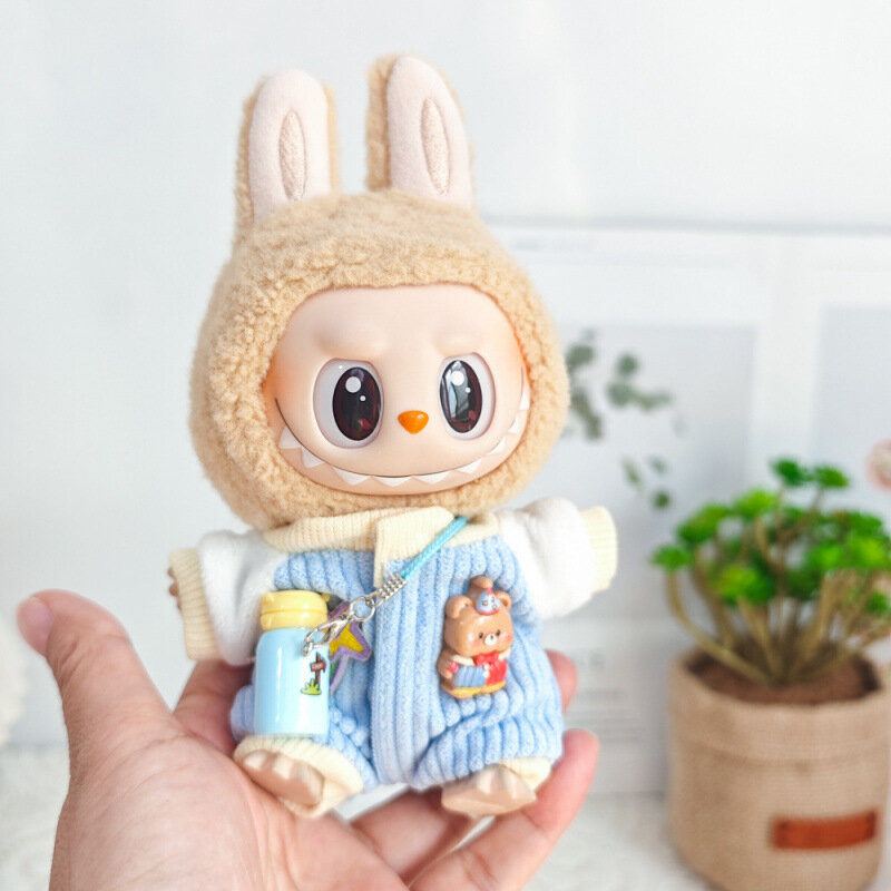 Синяя комплект одежды Labubu для плюшевых кукол 2-компонентный набор (топ и брюки) совместимый с 1-м и 2-м поколением