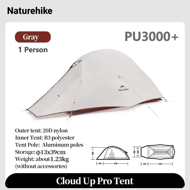 Палатка Naturehike Cloud Up Pro для кемпинга на 1-3 человека, ультralегкая 20D, для отдыха на открытом воздухе, походов, портативная, водонепроницаемая — Серый — 1 человек