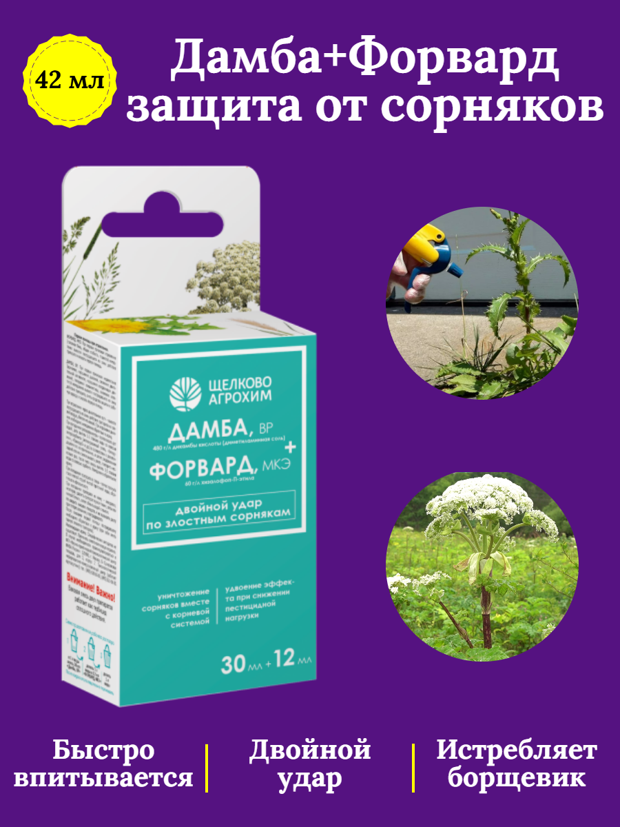 «Дамба, ВР» 30 мл. + «Форвард, МКЭ» 12 мл. Системный послевсходовый гербицид двойного действия.