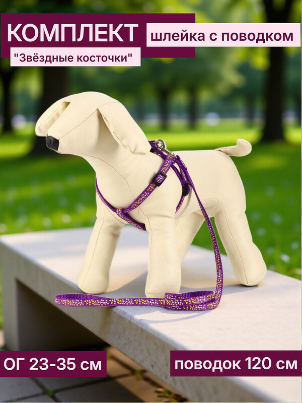 Комплект "Звёздные косточки", ширина 1 см, поводок 120 см, шлейка 23-35 см, фиолетовый