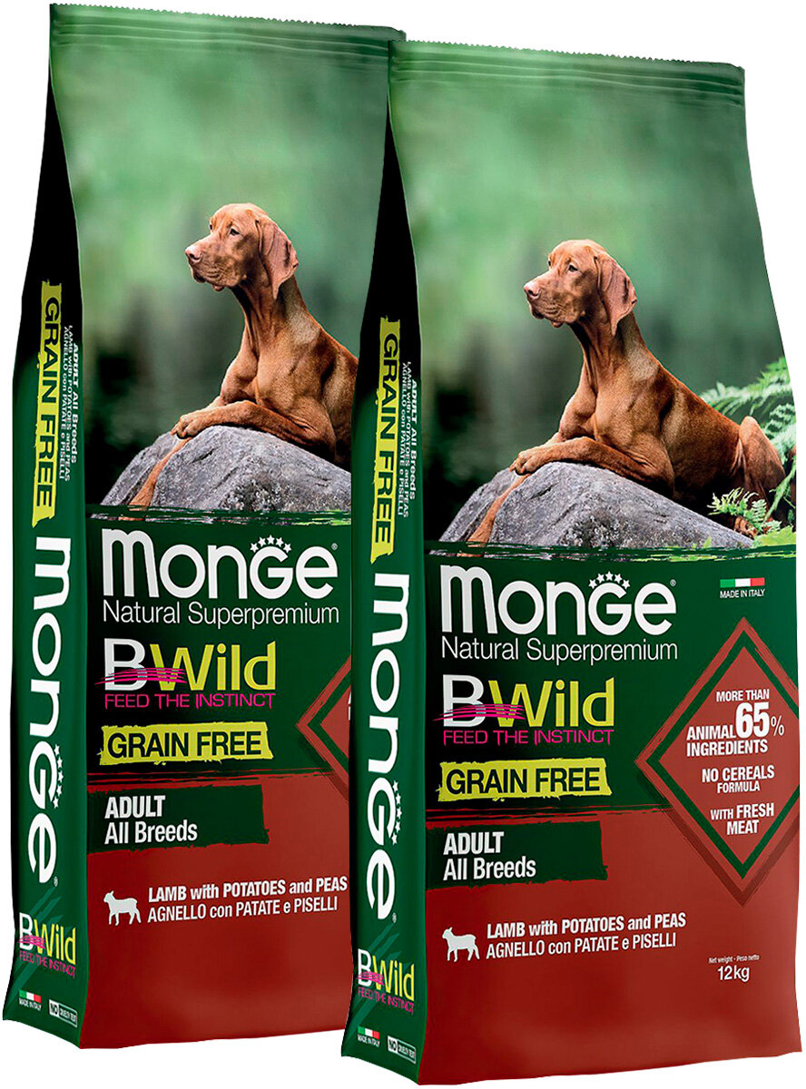 Корм сухой Monge Bwild Grain Free Dog Adult All Breeds Lamb беззерновой для взрослых собак всех пород, ягненок, горох, картофель, 12 кг 2 шт