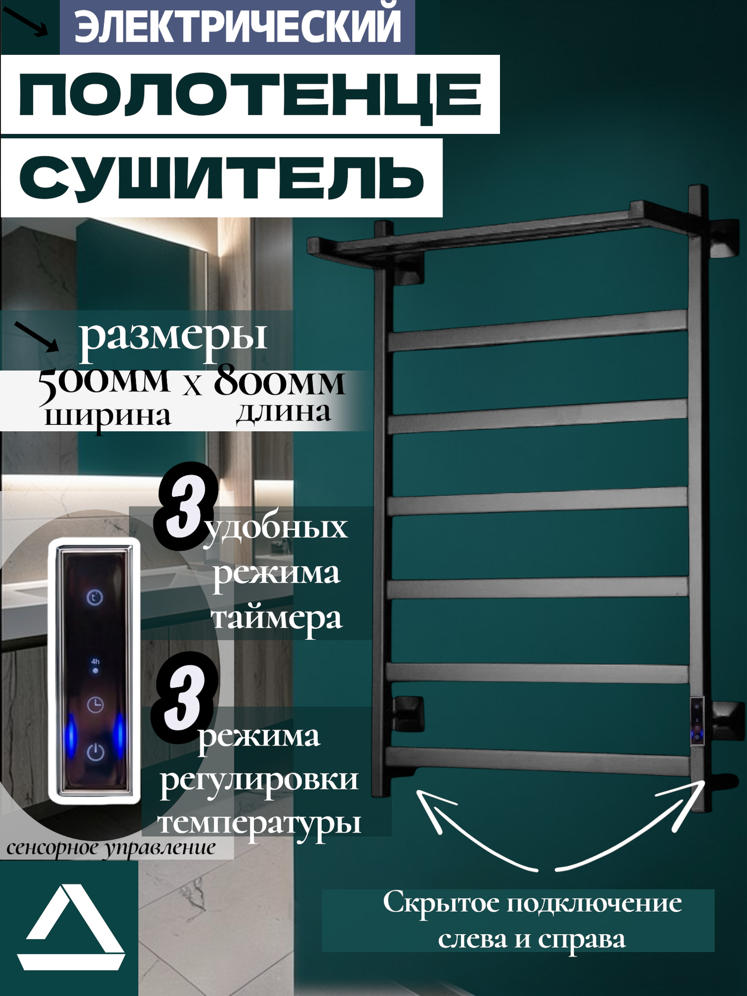 Полотенцесушитель электрический 500мм 800мм цвет черный, сенсорный пульт