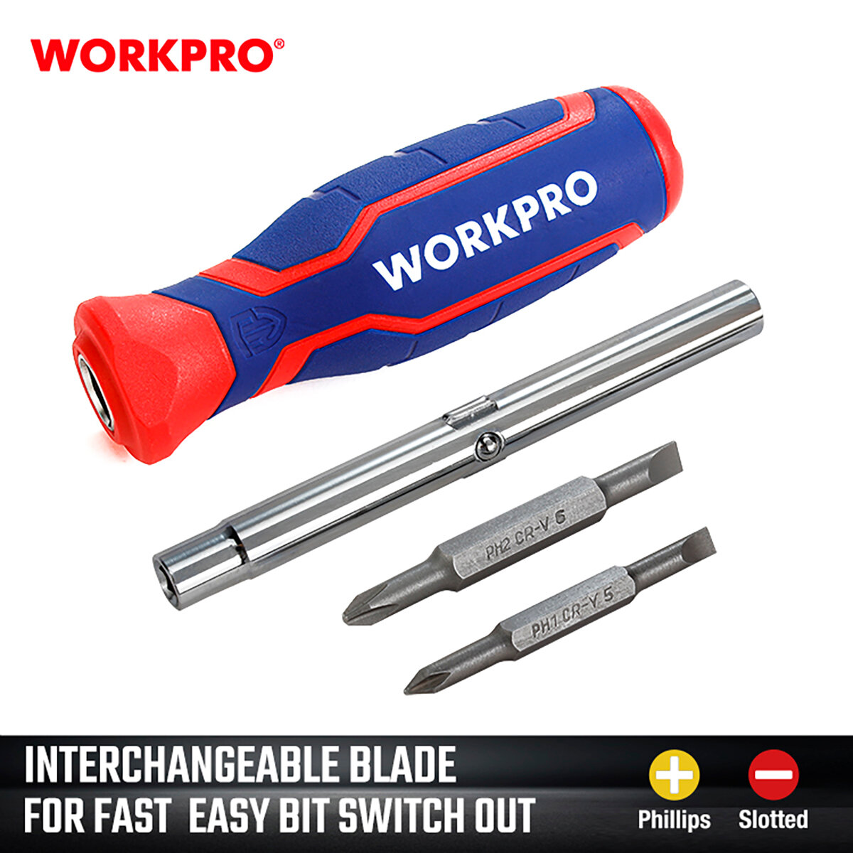 Отвертка для бит 6 в 1 "Workpro" WP221046 и две двухсторонние биты — фото 1