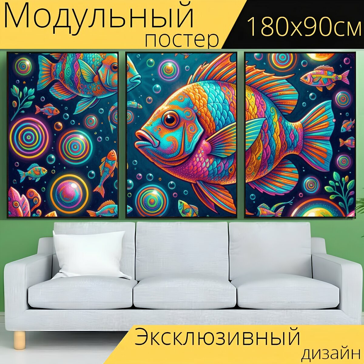 Модульный постер "Яркие рыбы и цветные круги. Фантазийная подводная композиция с крупными разноцветными рыбами, неоновыми орнаментами." 180 x 90 см. для интерьера на стену в тубусе