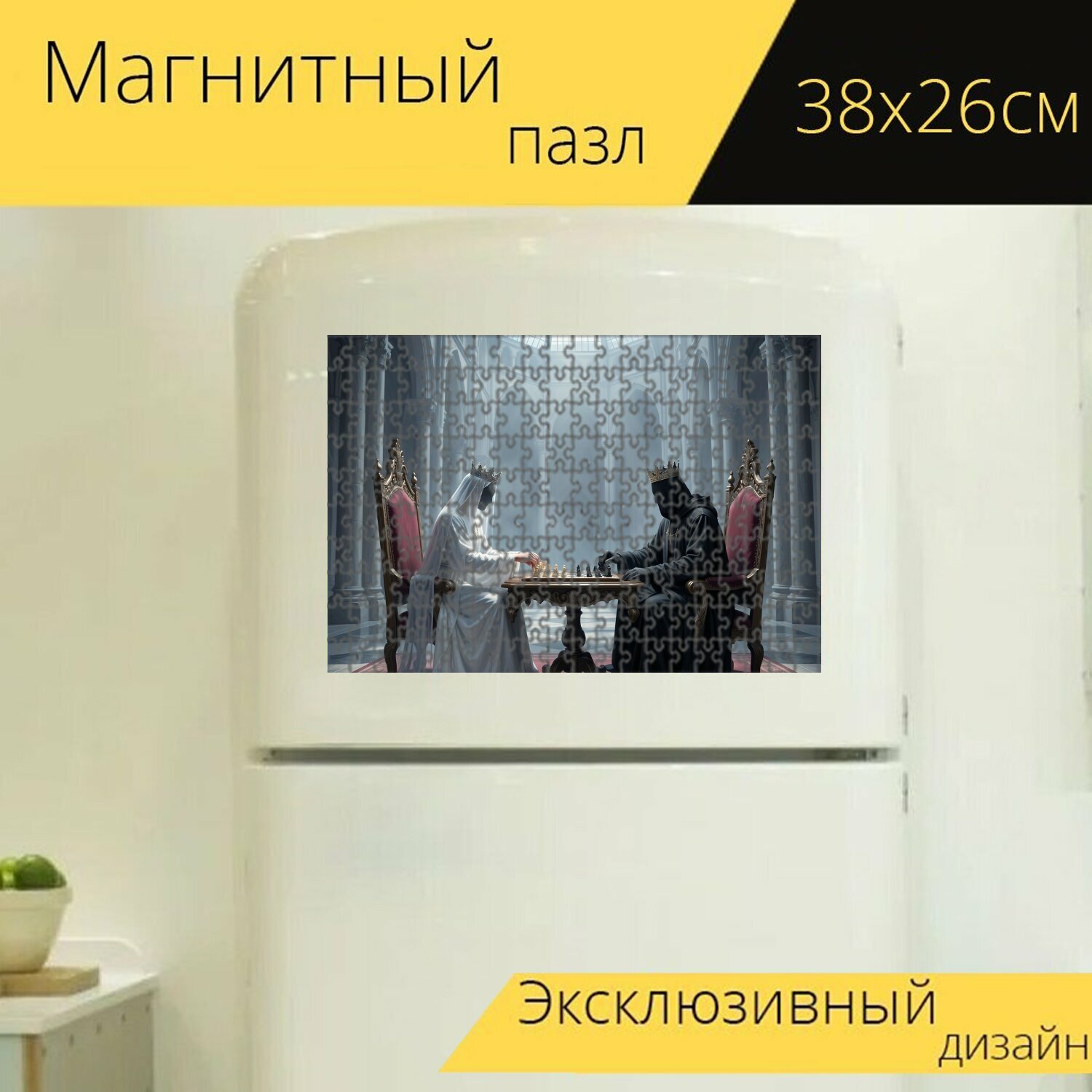 Магнитный пазл "Шахматный поединок короля и королевы. Таинственная сцена в готическом соборе: две коронованные фигуры в белом и черном ведут партию за." для интерьера, 38х26 см.
