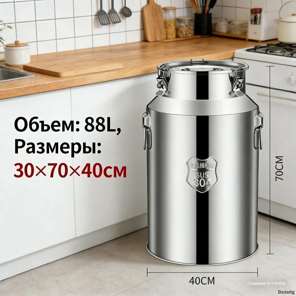 Кадка для еды, нержавеющая сталь, с крышкой, серебристая, 88л