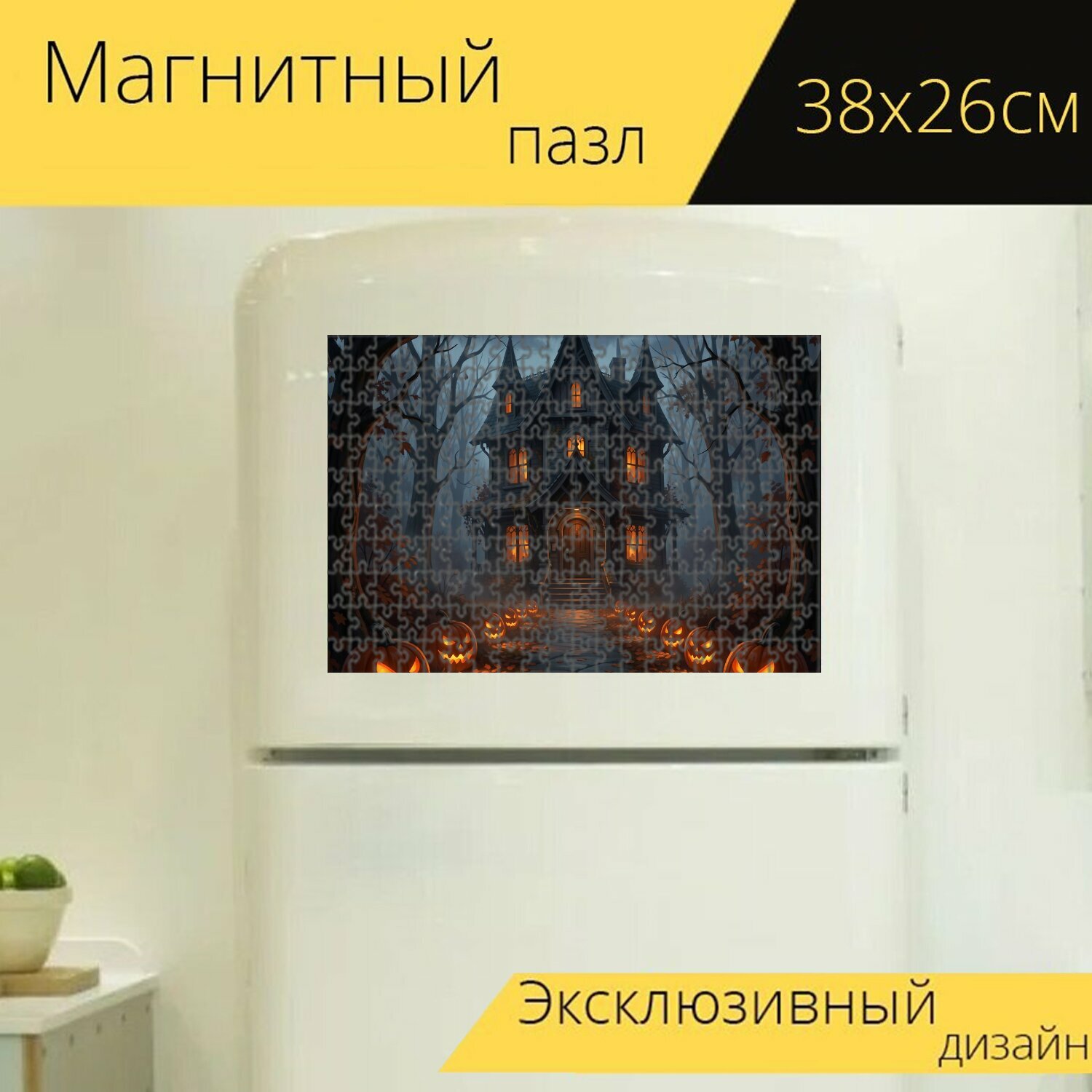 Магнитный пазл "Мрачный дом в лесу на Хэллоуин. Готический особняк среди туманных деревьев, светящиеся тыквы вдоль тропинки, осенняя листва, ночной сумрак." для интерьера, 38х26 см.