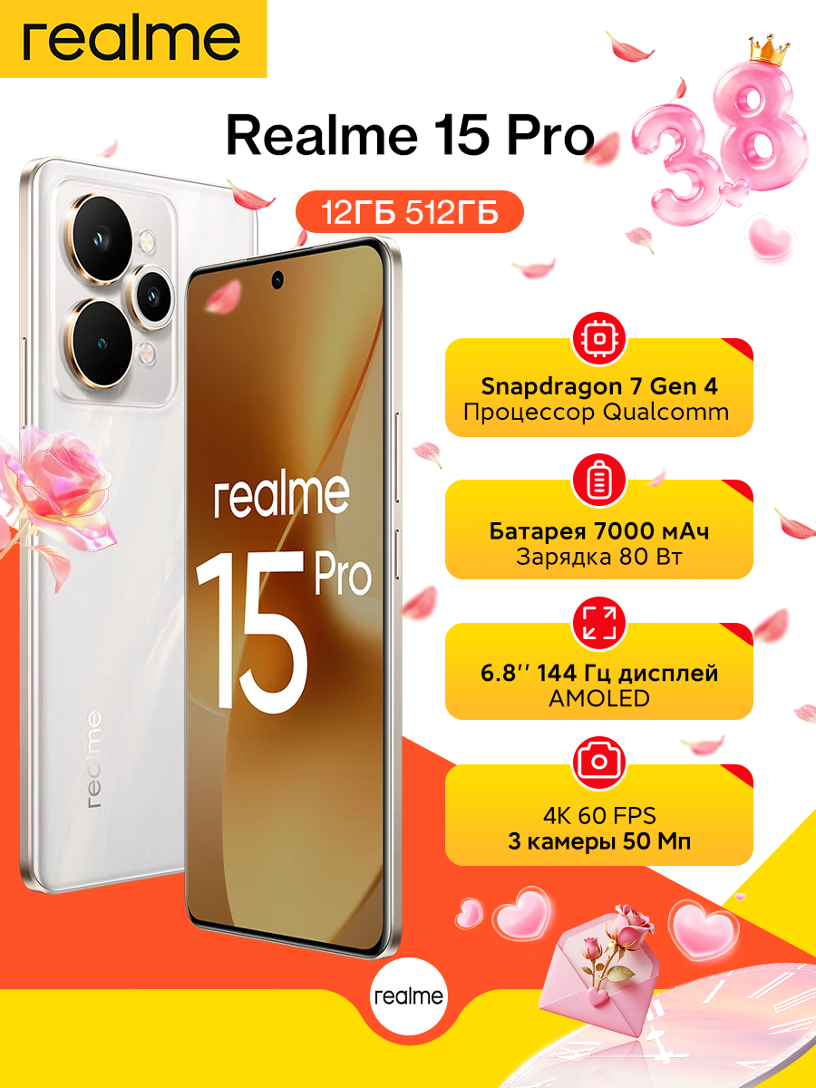 Realme Смартфон realme 15 Pro 5G NFC, Snapdragon 7 Gen 4, батарея 7000 мАч 80 Вт, 144Гц Экран IP69, 12/512 ГБ, Белый