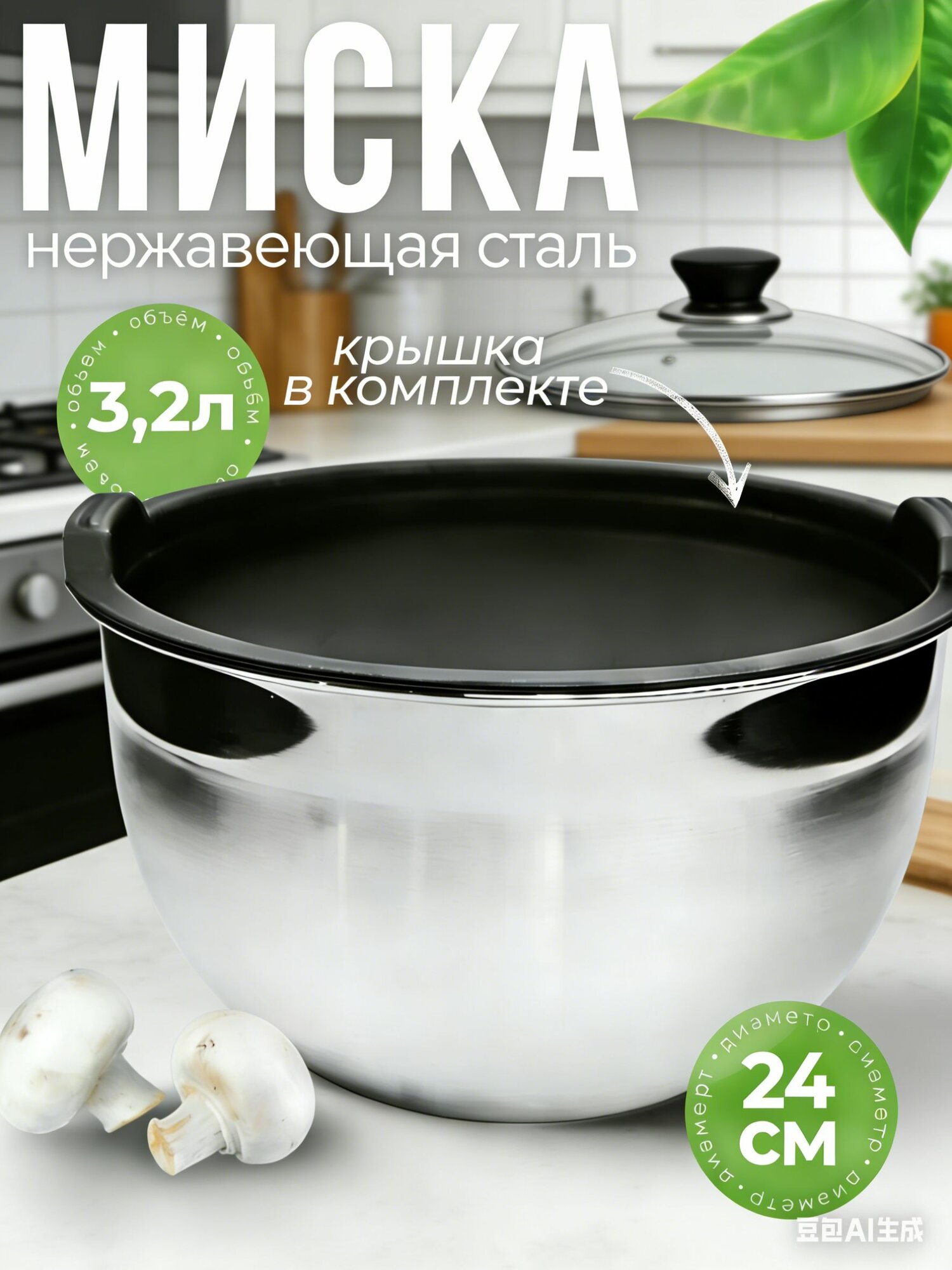 Удобная кухонная миска из нержавеющей стали с крышкой 3,2 л для хранения продуктов