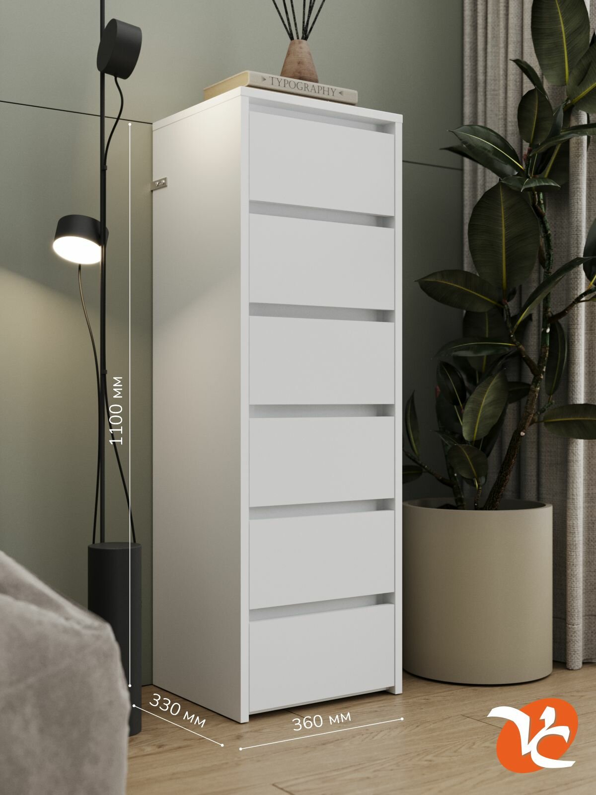 Комод Volodin&Co , 6 ящиков, шариковые направляющие, цвет белый, 36x110x33см