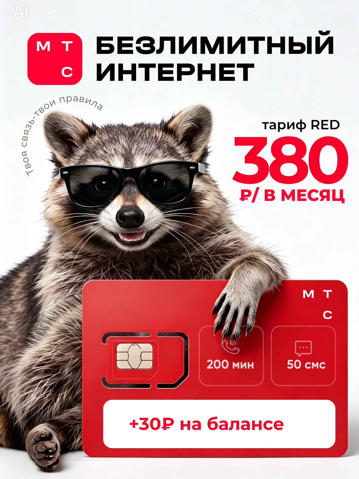 Сим-карта МТС с безлимитным интернетом и 200 мин за 380 руб/месяц