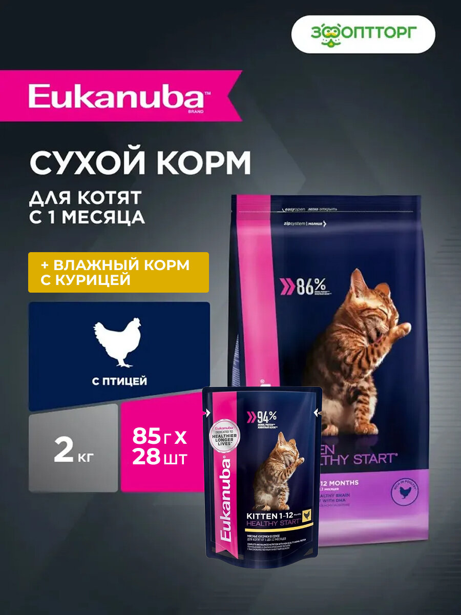 Комбо-набор Eukanuba сухой+влажный кусочки в соусе корм для котят, Птица, 2 кг + 85 г х 28 шт.