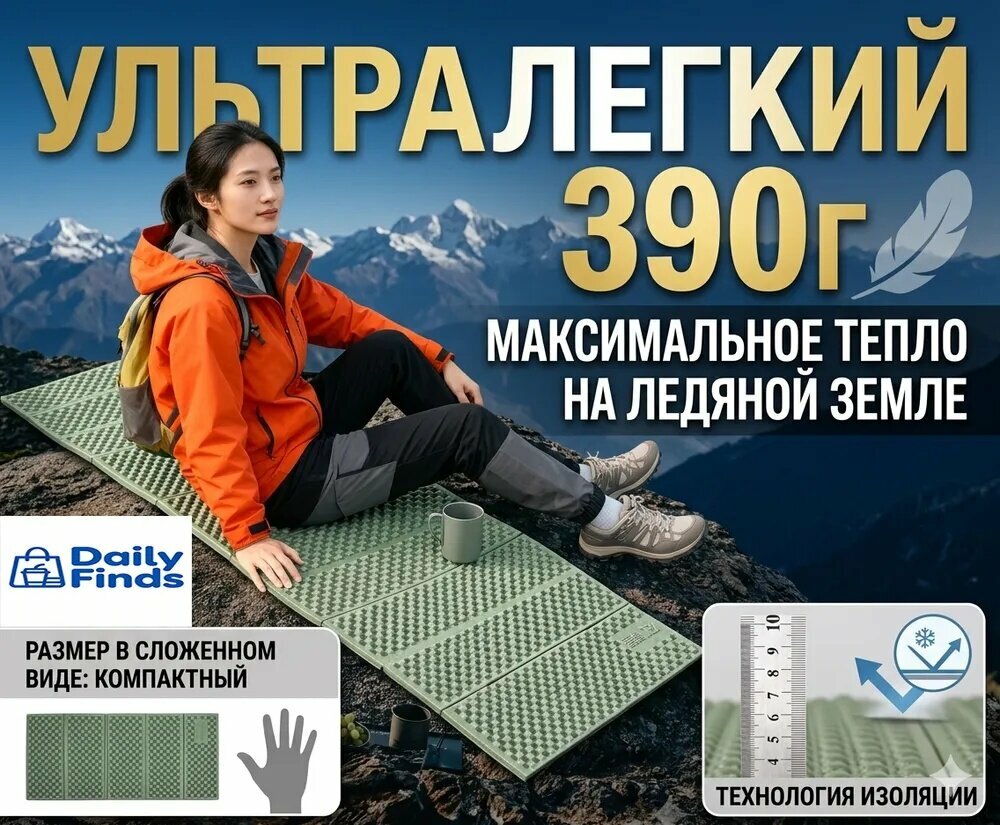 Коврик-пенка туристическая складная 196х61 см, Каремат для кемпинга и походов DailyFinds, Матрас для палатки непромокаемый, Сверхлегкая пенка для йоги, фитнеса и пикника