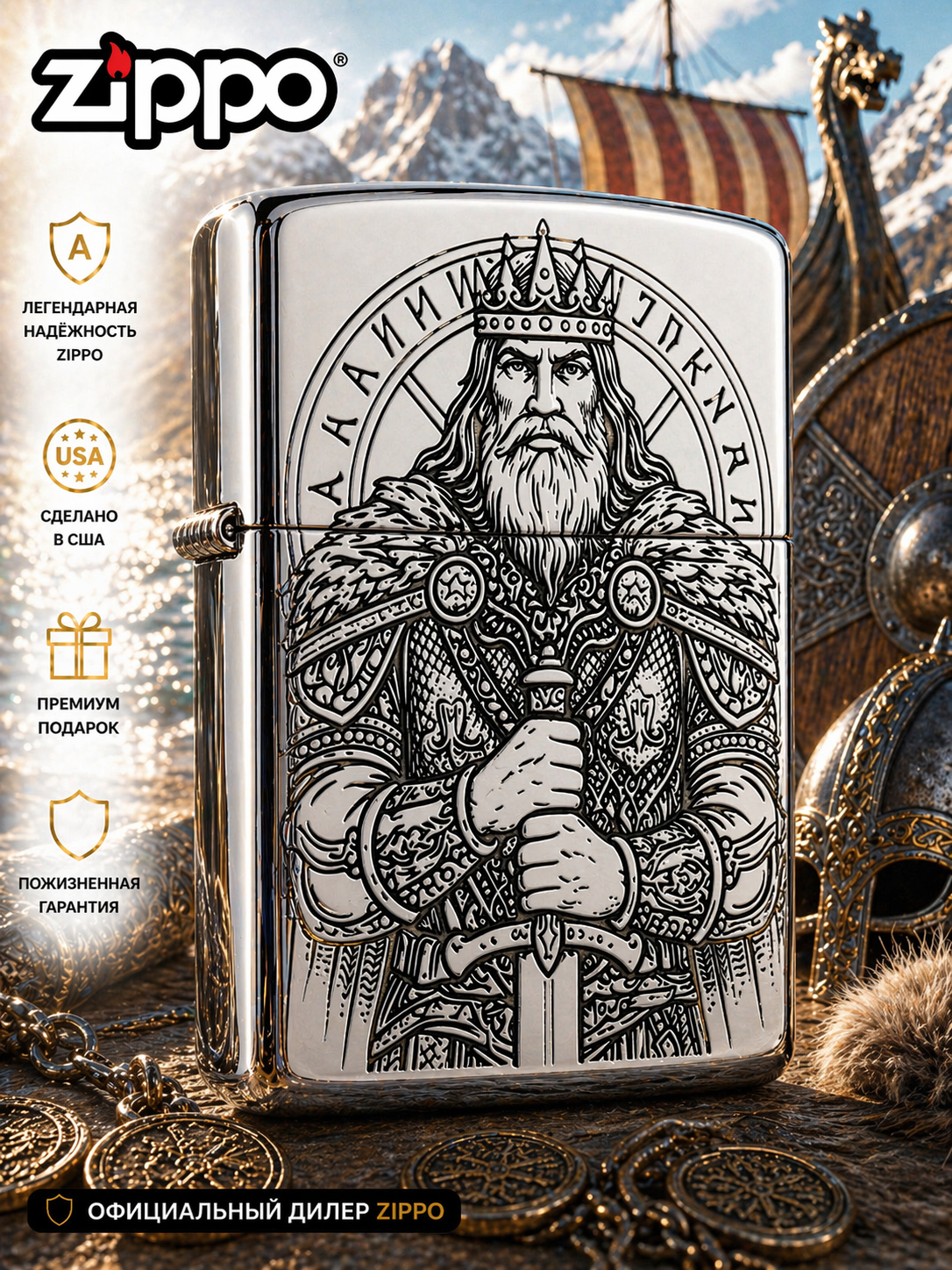 Зажигалка Zippo с гравировкой Скандинавский Воин