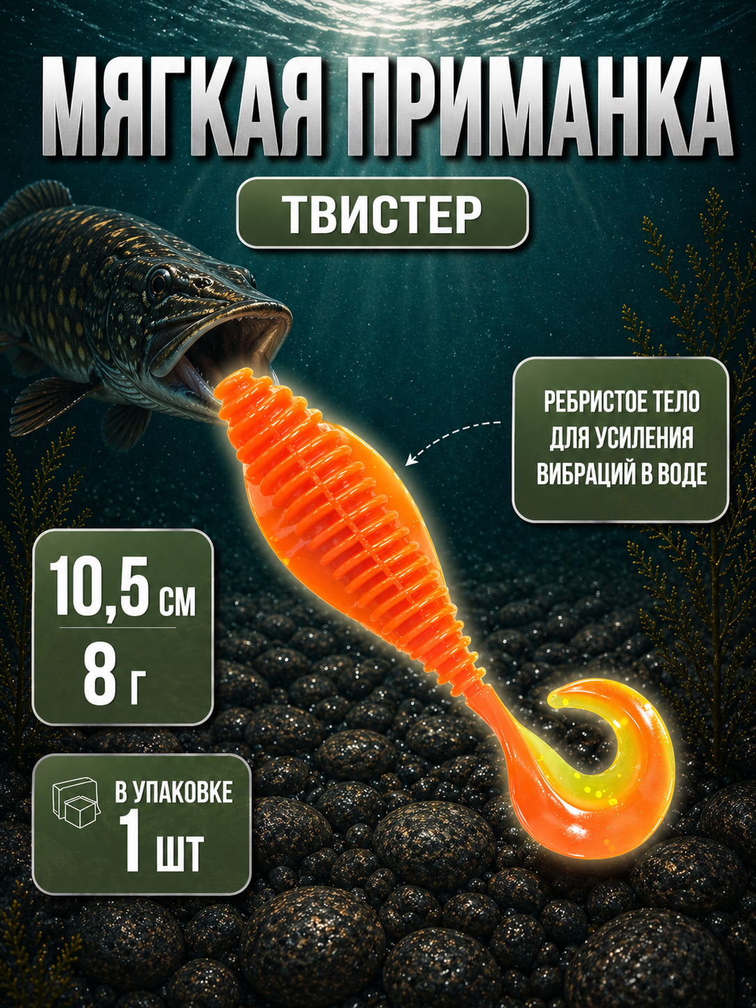 Рыболовная мягкая приманка твистер "Screw Worm", имитация куколки с закрученным хвостом для ловли окуня, мандариновой рыбы, змееголовки 10,5 см/8 г, оранжевая
