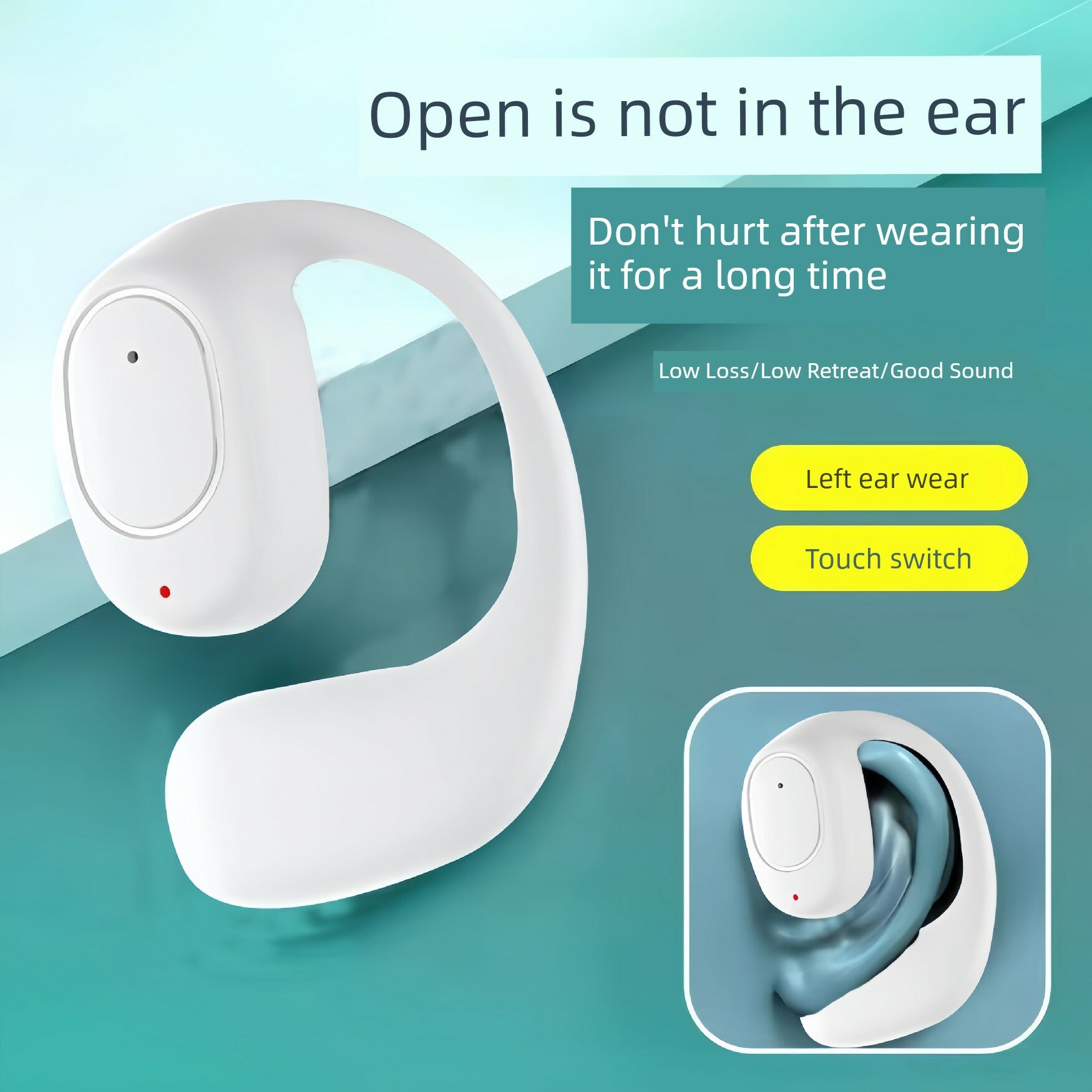 Стандартный звук беспроводные наушники Bluetooth с Type-C зарядкой, спортивный дизайн, левый ушной ношение, белый,