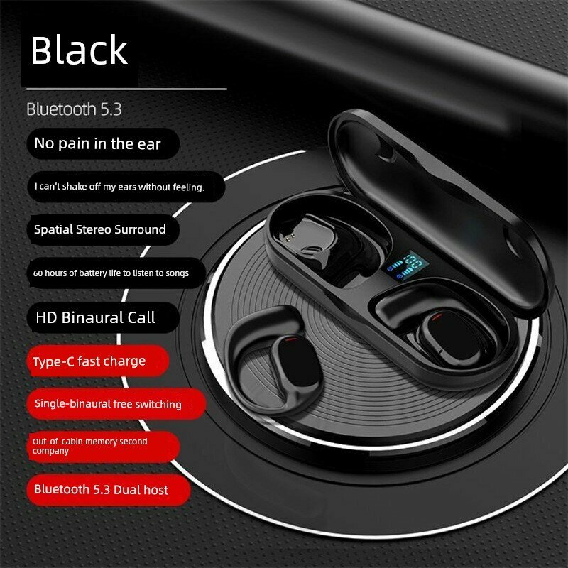 Черные высокопроизводительные наушники Open-Ear Bluetooth 5.3 с 36D пространственным стереозвуком