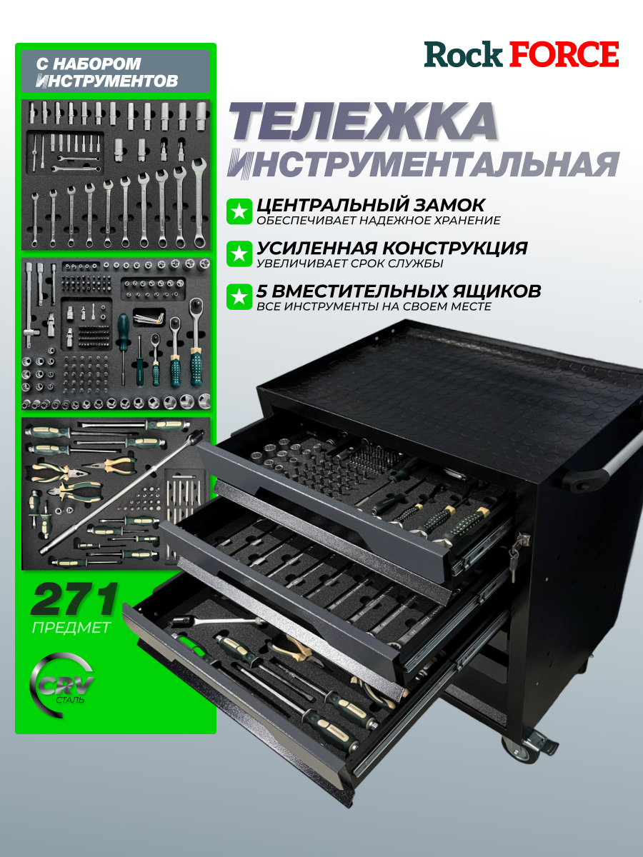 Тележка с замком и комплектом профессионального инструмента Rock Force 271 предмет в ложементах