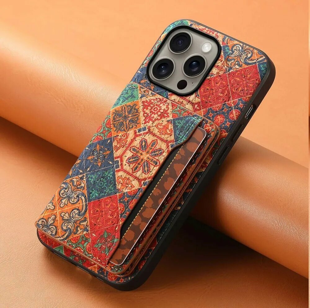 Denior Чехол для Apple iPhone 16 Pro Max (Эпл Айфон 16 Про Макс) из натуральной пробковой кожи и дерева для девочек, стильный роскошный чехол для телефона с цветочным узором, карманом и подставкой