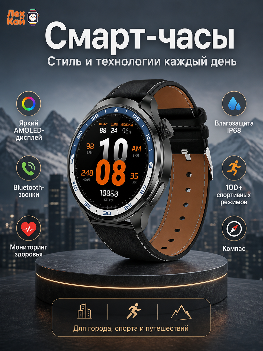 Мужские спортивные часы Лех Кай 1,85 'GPS, цвет в ассортименте, black leather