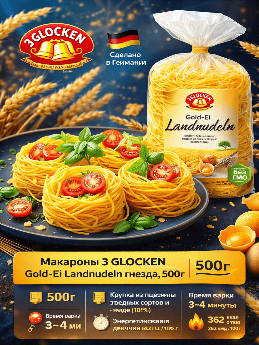 Макароны 3 GLOCKEN Gold-Ei Landnudeln гнезда, 500г