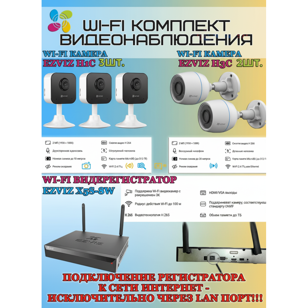 Wi-Fi Комплект видеонаблюдения EZVIZ на 5 камер видеонаблюдения - 2Мп Full HD 1920x1080P (CS-X5S-8W + 2хCS-H3c + 3хCS-H1c) 2.4 ГГц IP67, Двусторонняя аудиосвязь, ИК до 30м, угол 125гр