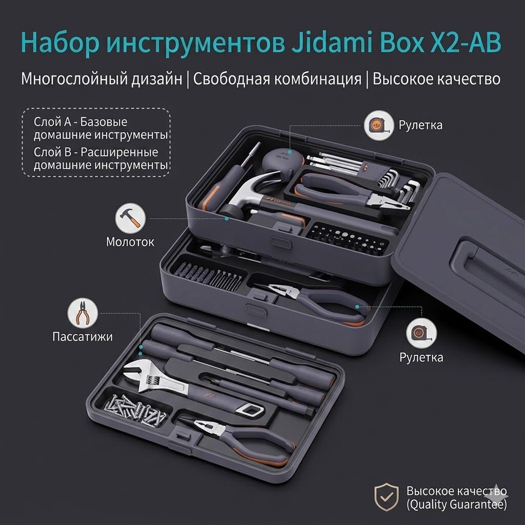Двухуровневый набор инструментов JIMI Home X2-AB — Универсальный комплект для дома и дачи (72 предмета): молоток, разводной ключ, пассатижи, набор отверток и крепеж в модульном кейсе.