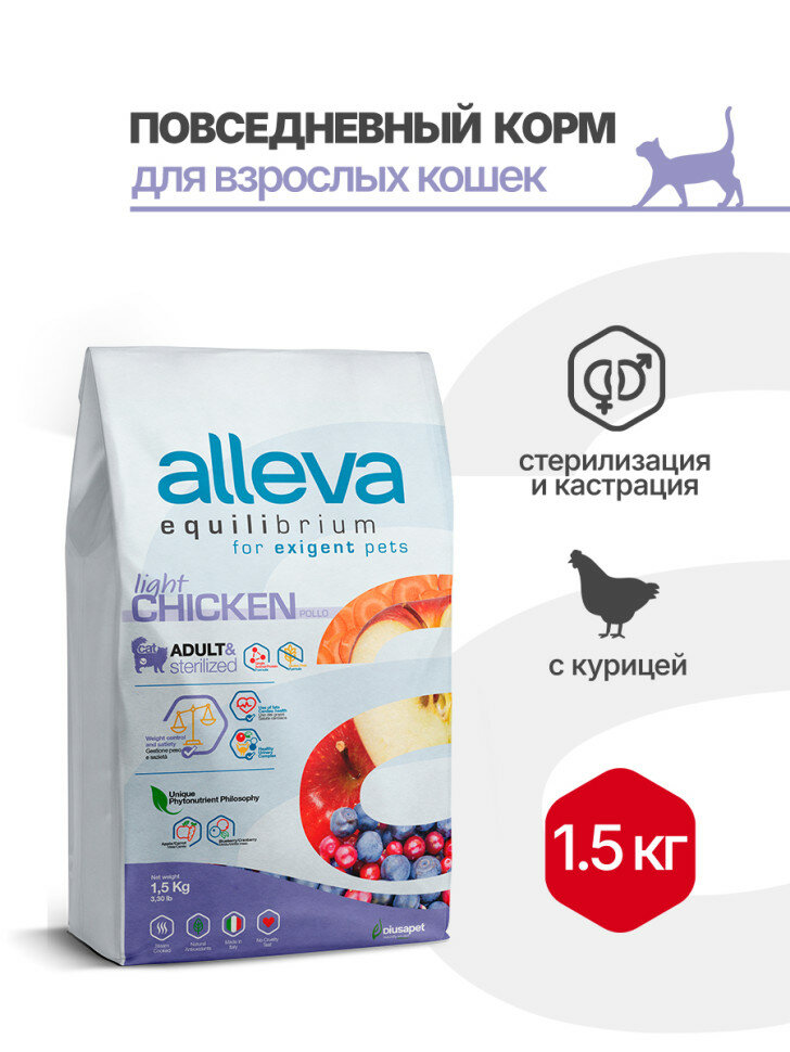 Сухой корм для кошек Alleva Equilibrium Adult Cat Sterilized Chicken для стерилизованных и кастрированных курица 1,5 кг