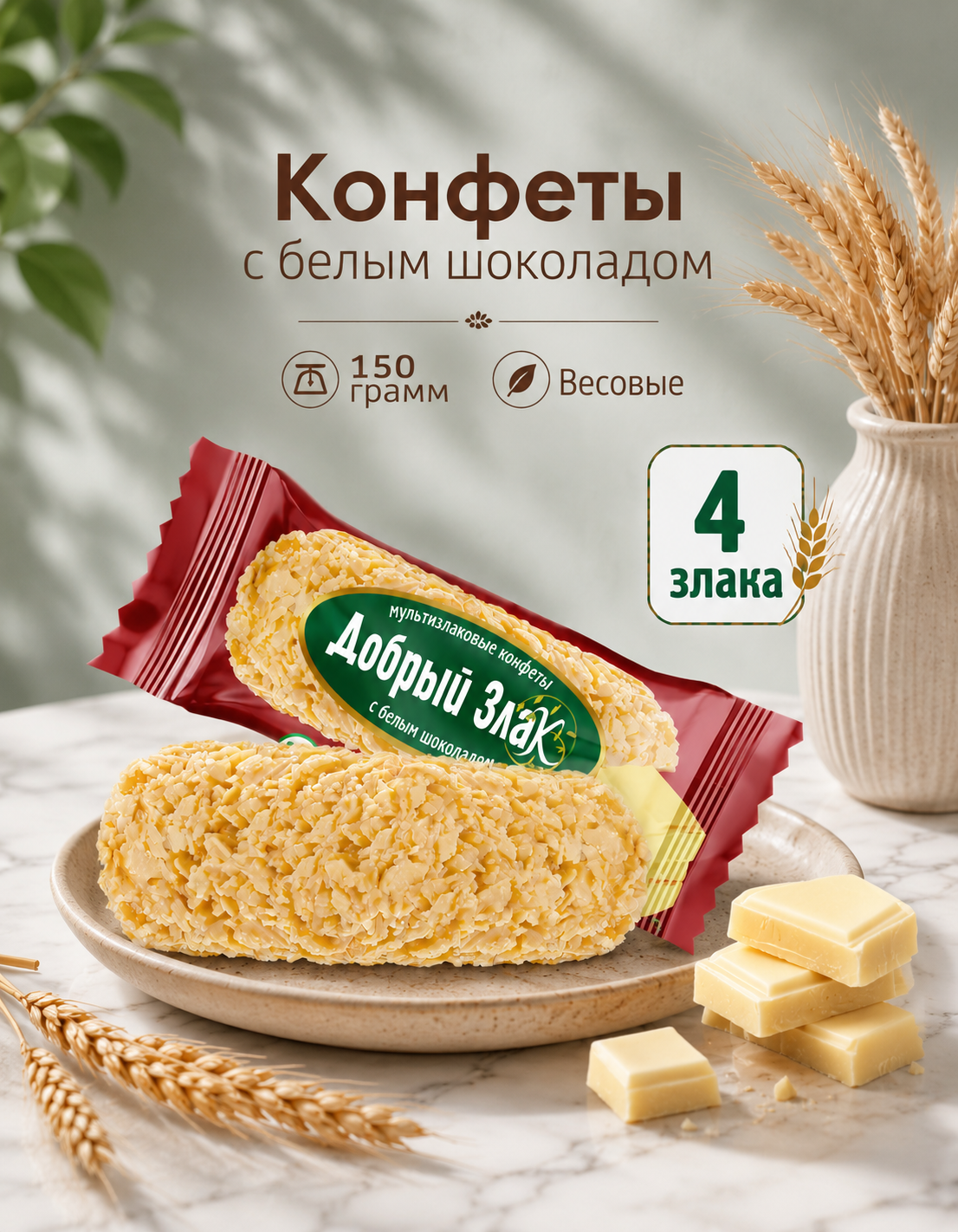 Конфеты "Добрый знак", мультизлаковые, с белым шоколадом, без ГМО, 150г