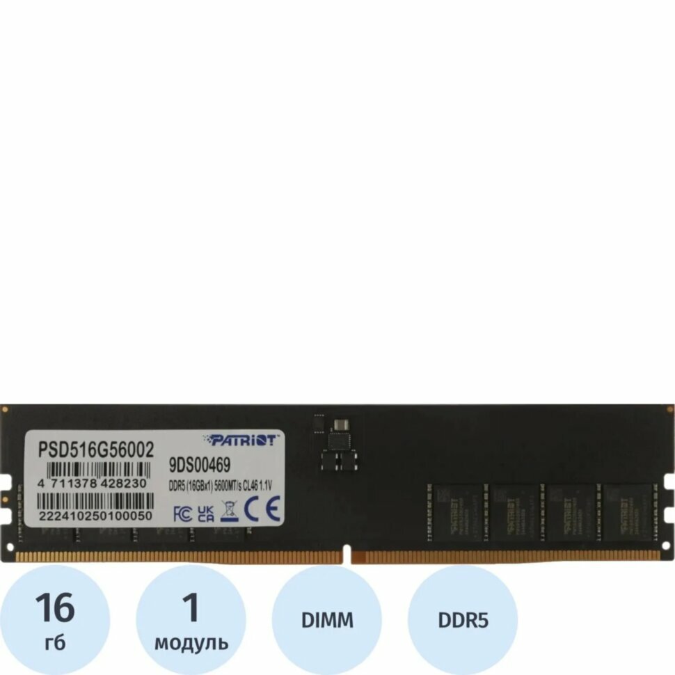Модуль памяти Patriot DDR 5 DIMM 16Gb 5600Мгц(PSD516G56002), 2250364