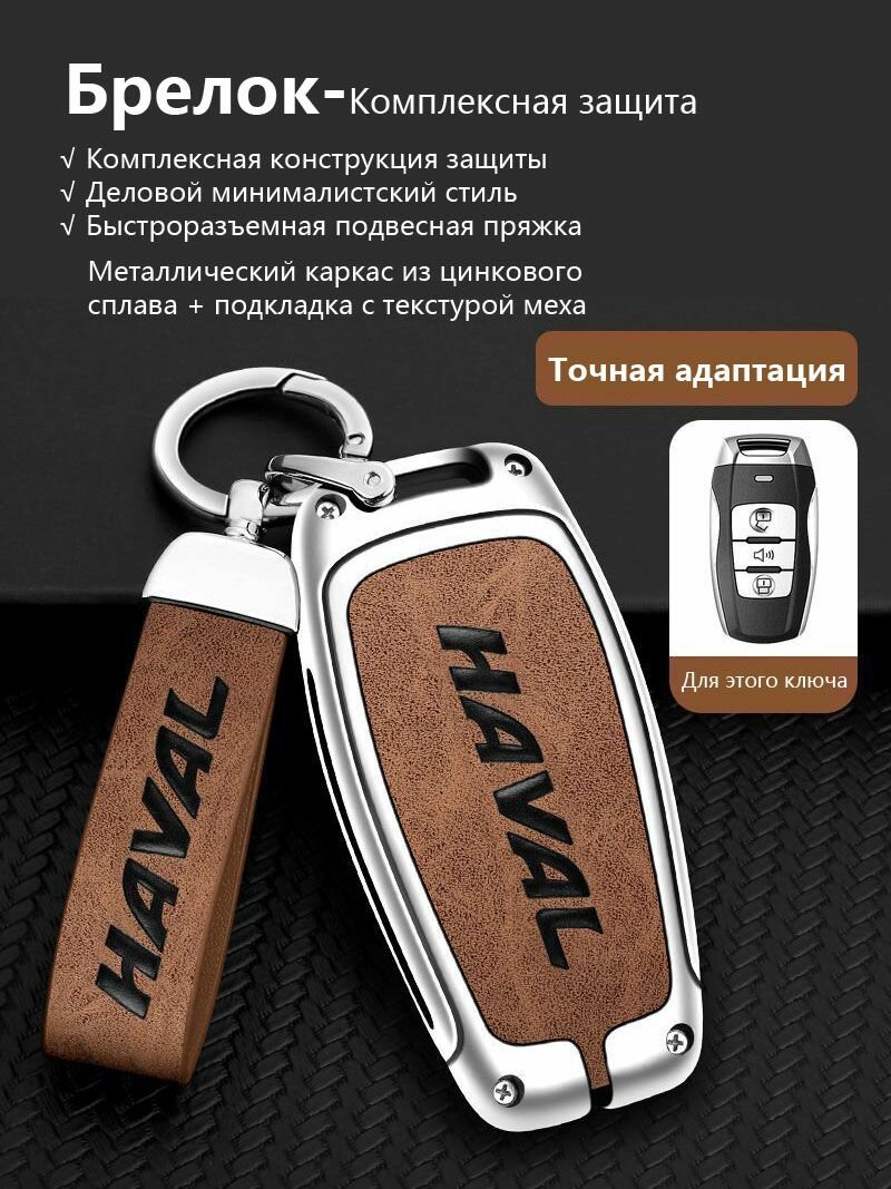 Чехол для ключа Haval (цинк+кожа+TPU, 3/4 кнопки) для Jolion, F7, H6, Dargo, с карабином