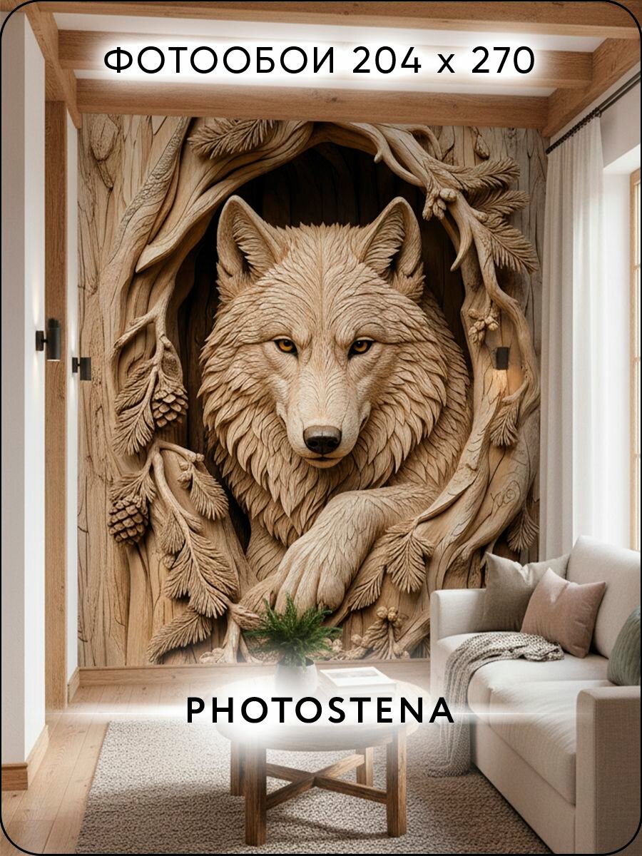 Фотообои на стену флизелиновые встык PHOTOSTENA 3Д Волк из дерева 2,04 x 2,7 м 5,51 м2