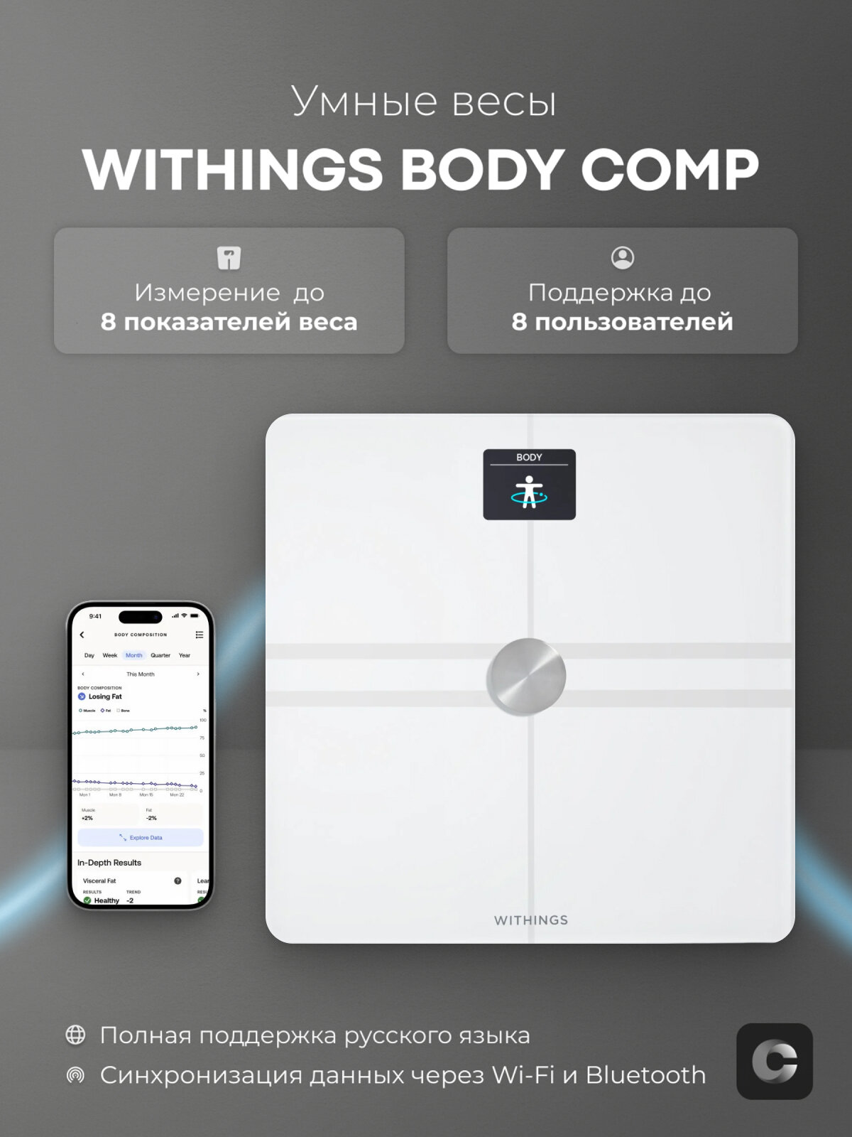 Умные весы Withings Body Comp White с анализом состава массы тела, белый