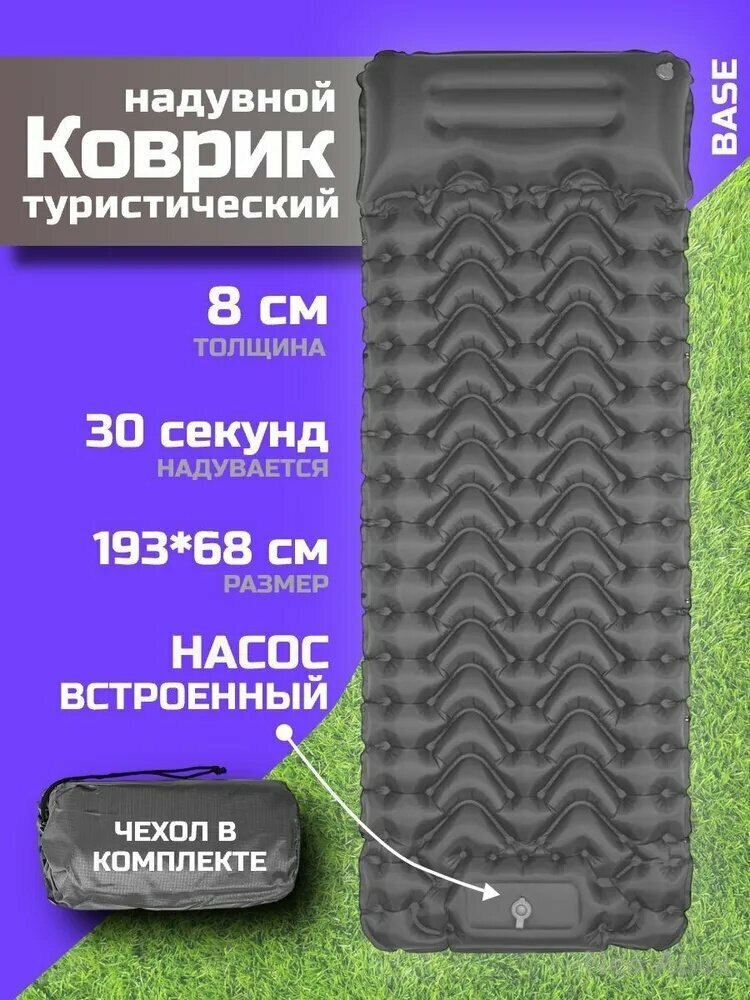 Коврик надувной туристический, матрас для палатки со встроенным насосом, серый-PL