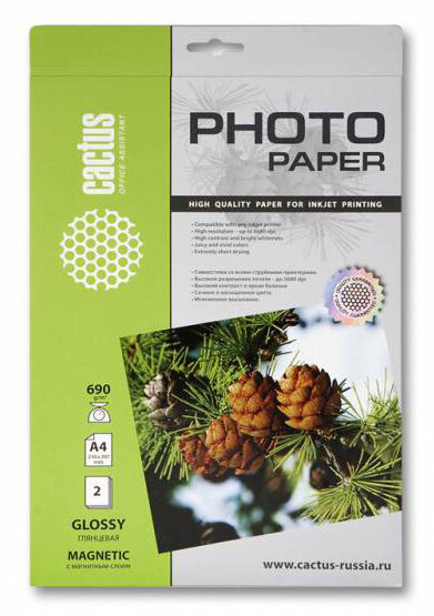 Фотобумага CACTUS A4, 690 г/м2, 2 листа, глянцевая, магнитный слой, для струйной печати (CS-MGA46902)