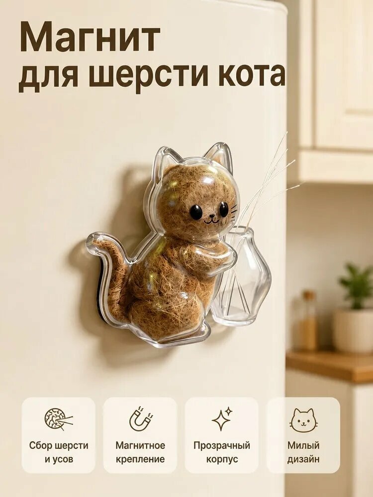 Прозрачная коробка для сбора шерсти и усов кошек магнитная в форме кошки на холодильник