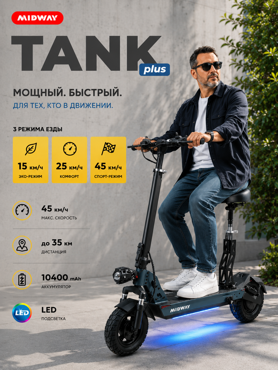 Электросамокат MIDWAY TANK PLUS 10.4 AH/ самокат электрический взрослый с сиденьем 600 W