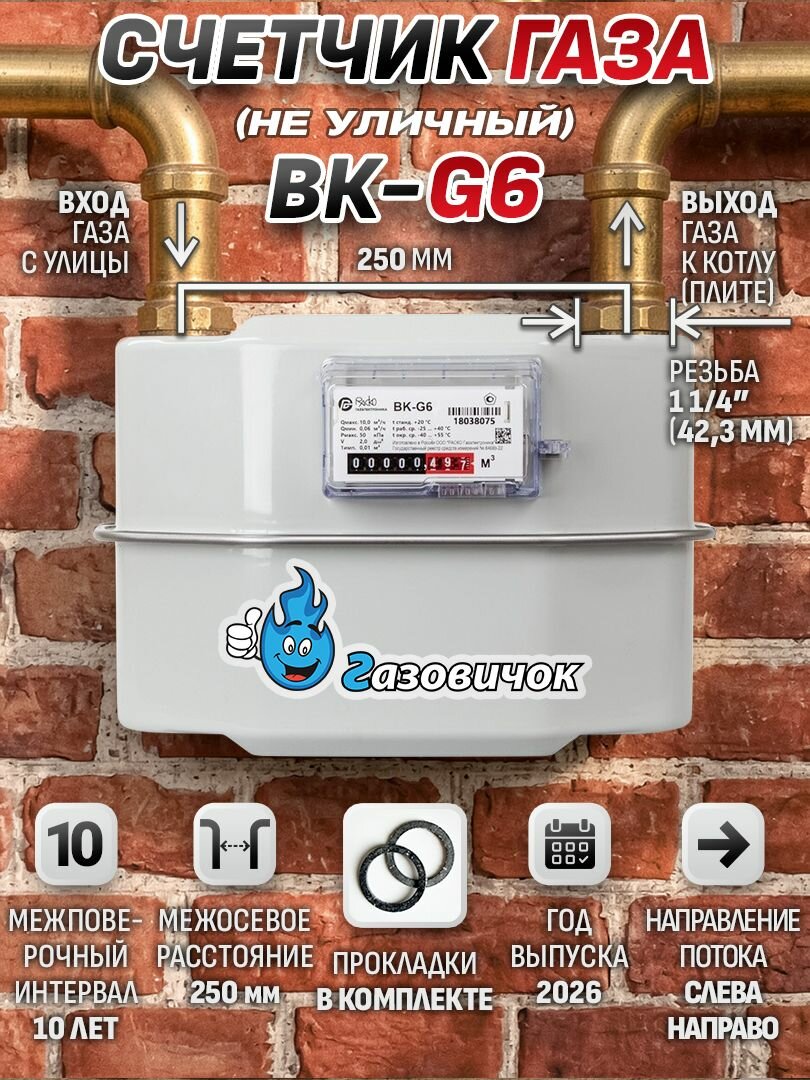 Счетчик газа ВК-G6 Слева-Направо (Левый) 2026 г. ООО раско Газэлектроника. Прокладки в комплекте