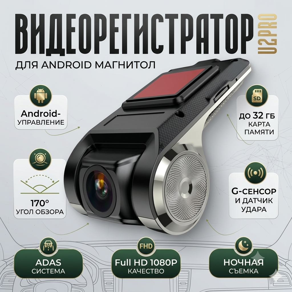 Видеорегистратор автомобильный U-2 с ADAS USB подключение с режимом ночного видения, угол 170 DVR