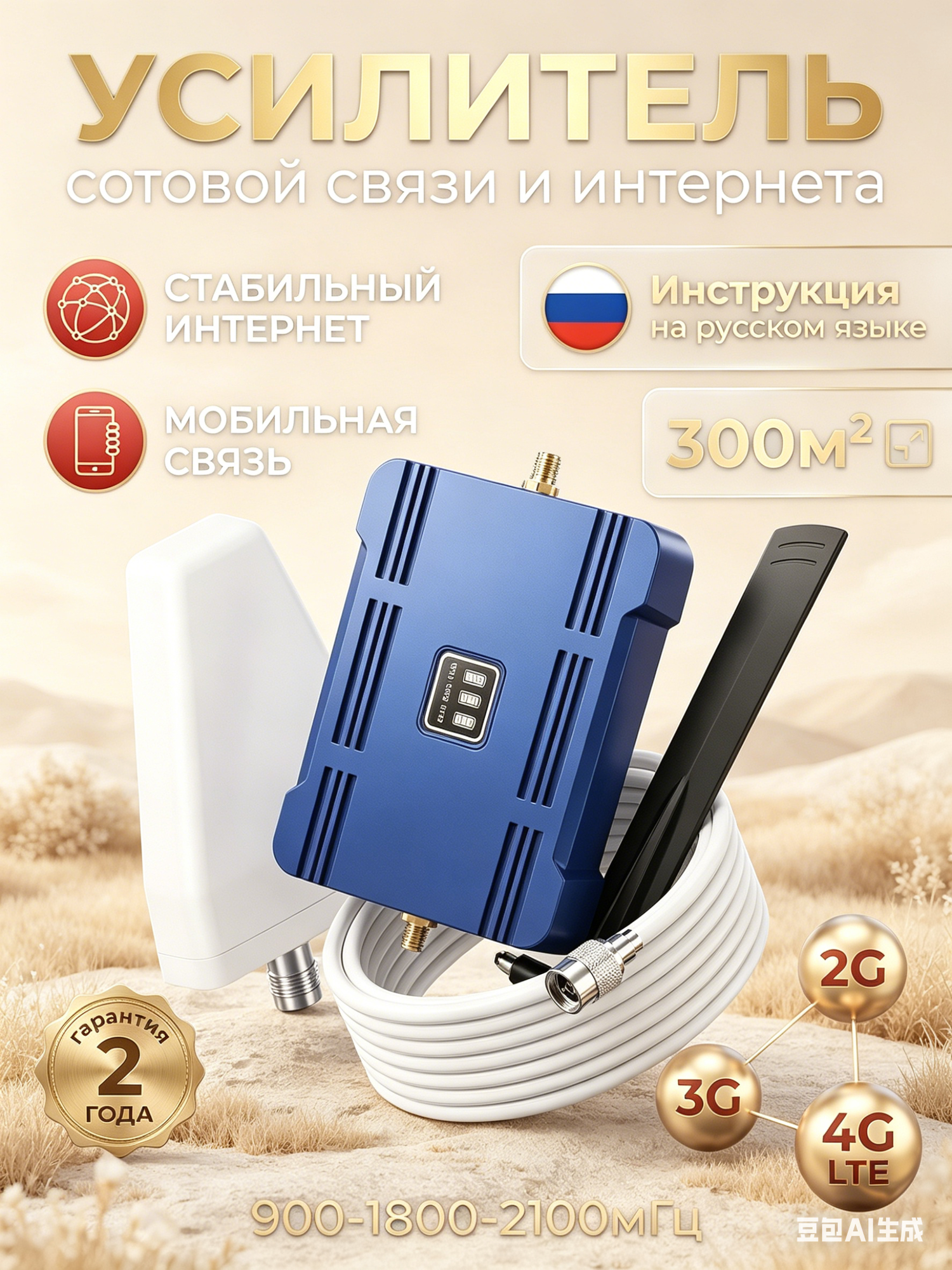 Усилитель сотовой связи 900/1800/2100 МГц (2G/3G/4G): до 70 км, направленный, синий, 1.3 кг