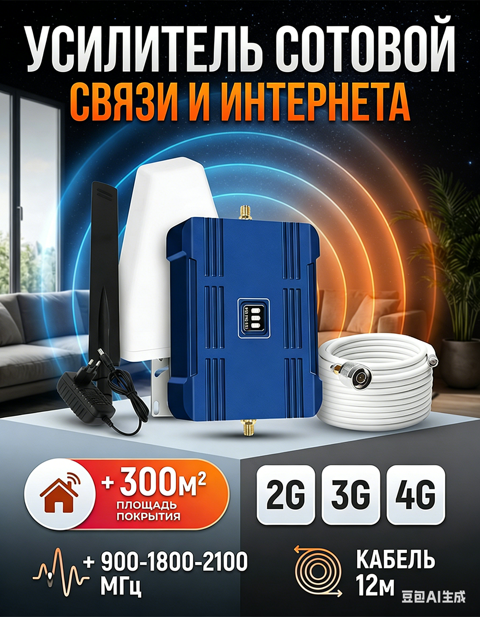 Усилитель сотовой связи 900/1800/2100 МГц (2G/3G/4G): до 70 км, направленный, синий, 1.3 кг