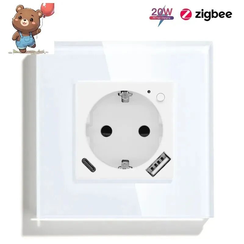 Умная розетка Zigbee с USB и Type-C, быстрая зарядка 20W, мониторинг потребления, стеклянная рамка, белая